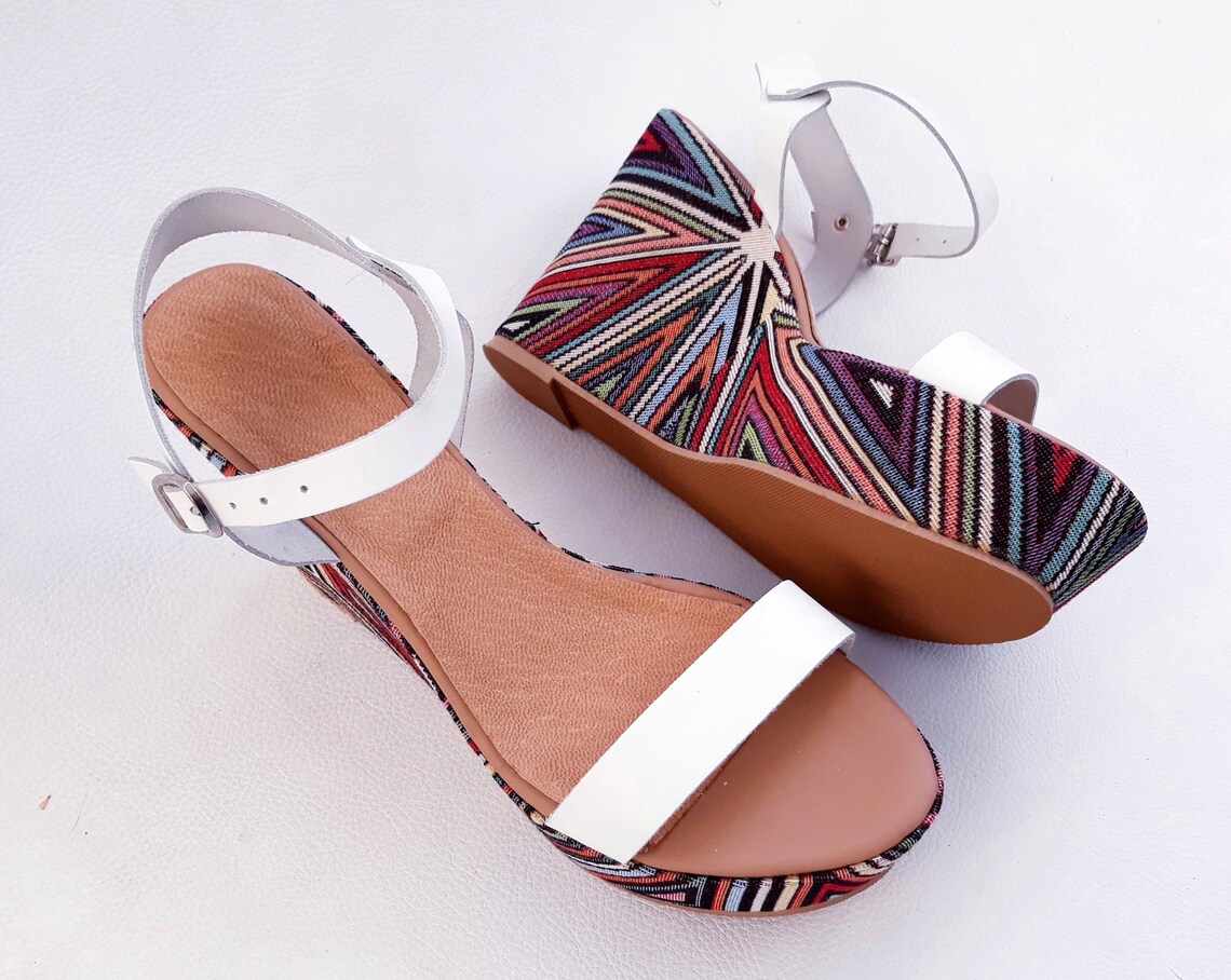 Boho Chic Wedges White Leather Shoes With Ankle Strap Summer | Etsy