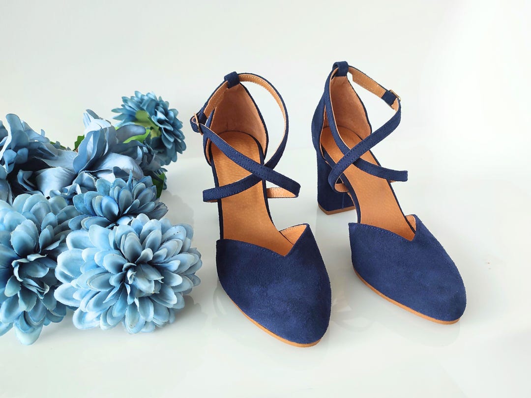 Blue Block High Heels, Elegant Navy Blue Pointed Toe Pumps, Crisscross ...