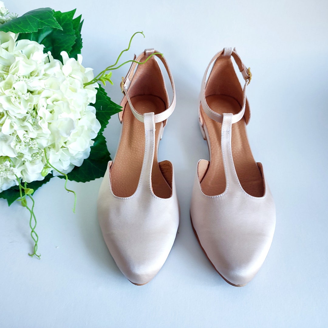Wedding T-bar Satin Shoes, Ballet Ankle Closures, Ivory Satin Pointy ...