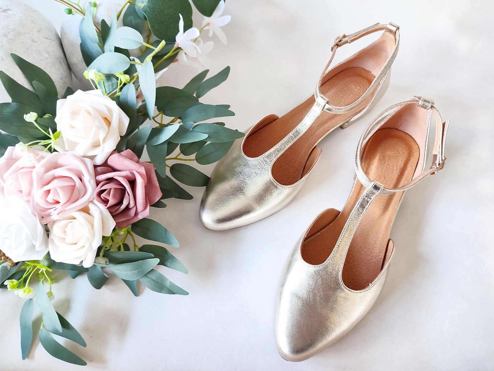 Gold Closed-toe T-strap Ballerinas for Brides, Vintage-inspired Ankle ...