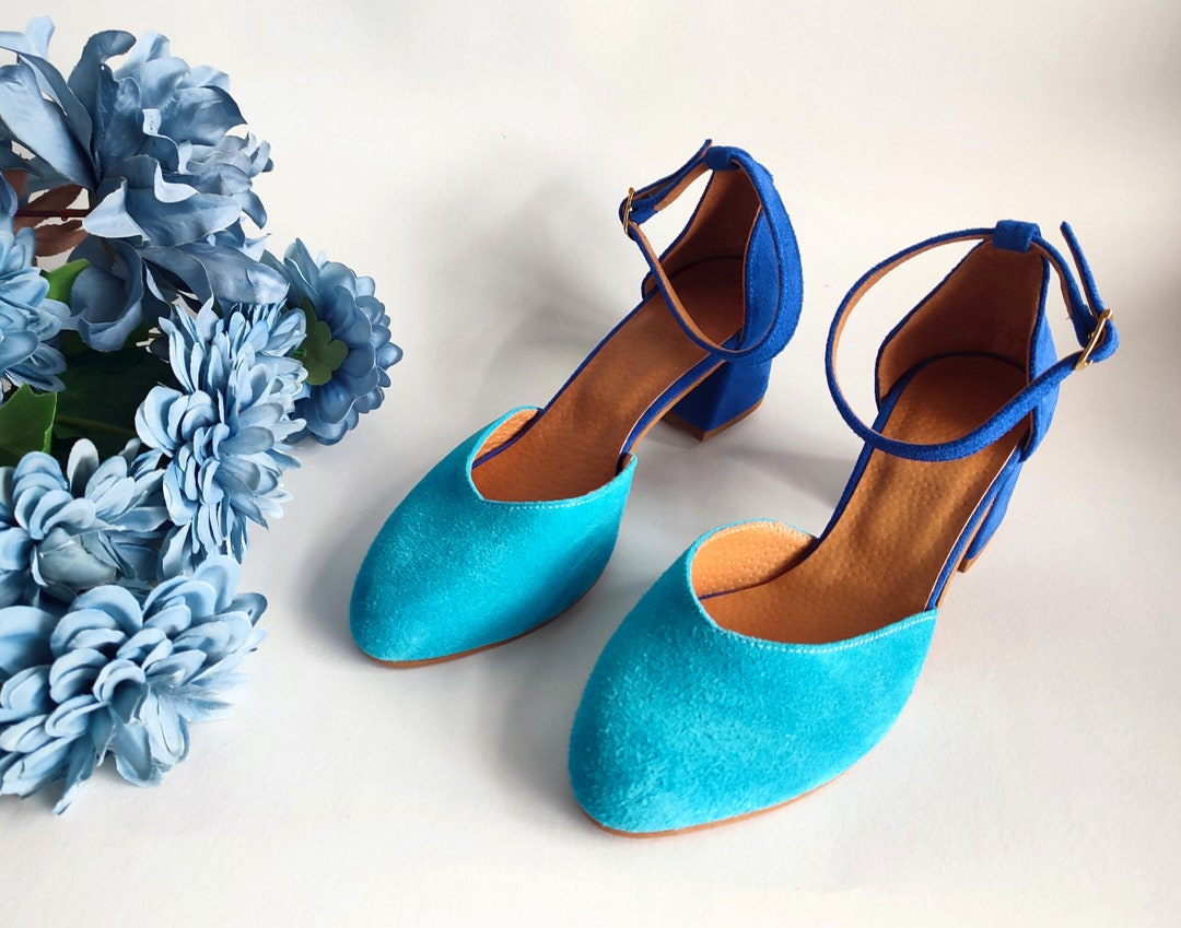 Trendy Color Block Ankle Strap Heels, Suede Leather Pumps, Chunky Mid ...