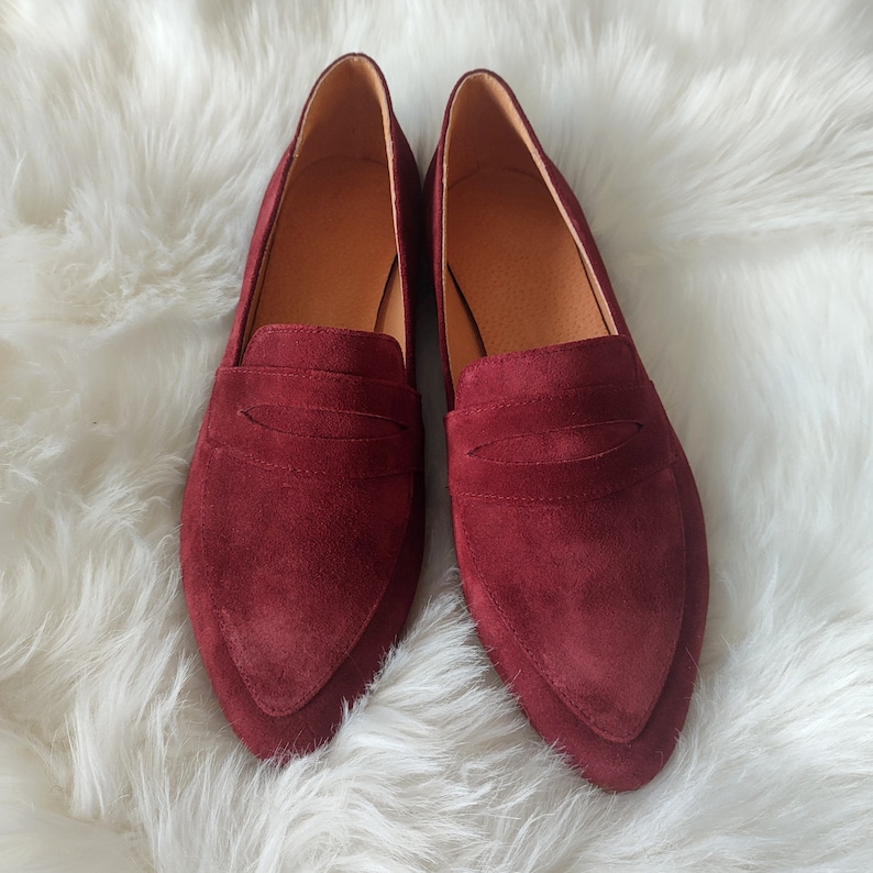 Burgundy Suede Loafers, Pointy Toe Low Heel, Wine Red Leather Moccasins ...