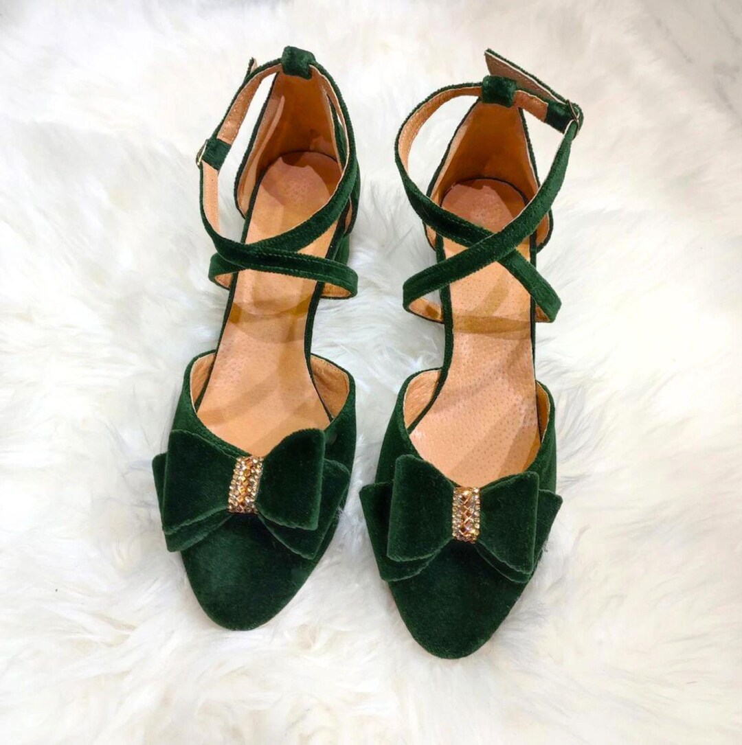 Wedding Gown Shoes With Bow, Dark Green Velvet Ballet Flats, Pointy-toe ...