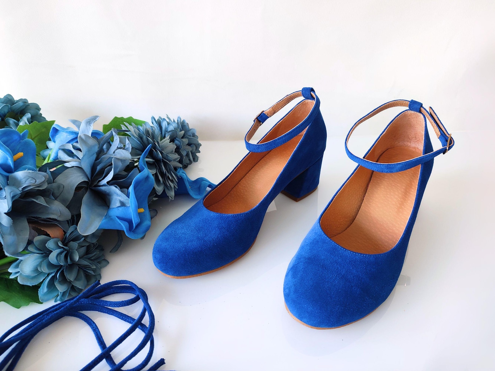 Royal Blue Ankle-tie Pumps, Mid Block Heels, Rounded-toe Suede Leather ...