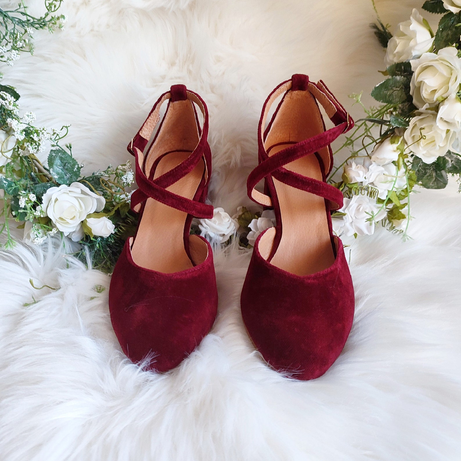 Red Wine Velvet Cross-front Wedding Gown Pumps, Bridal Block Heels ...