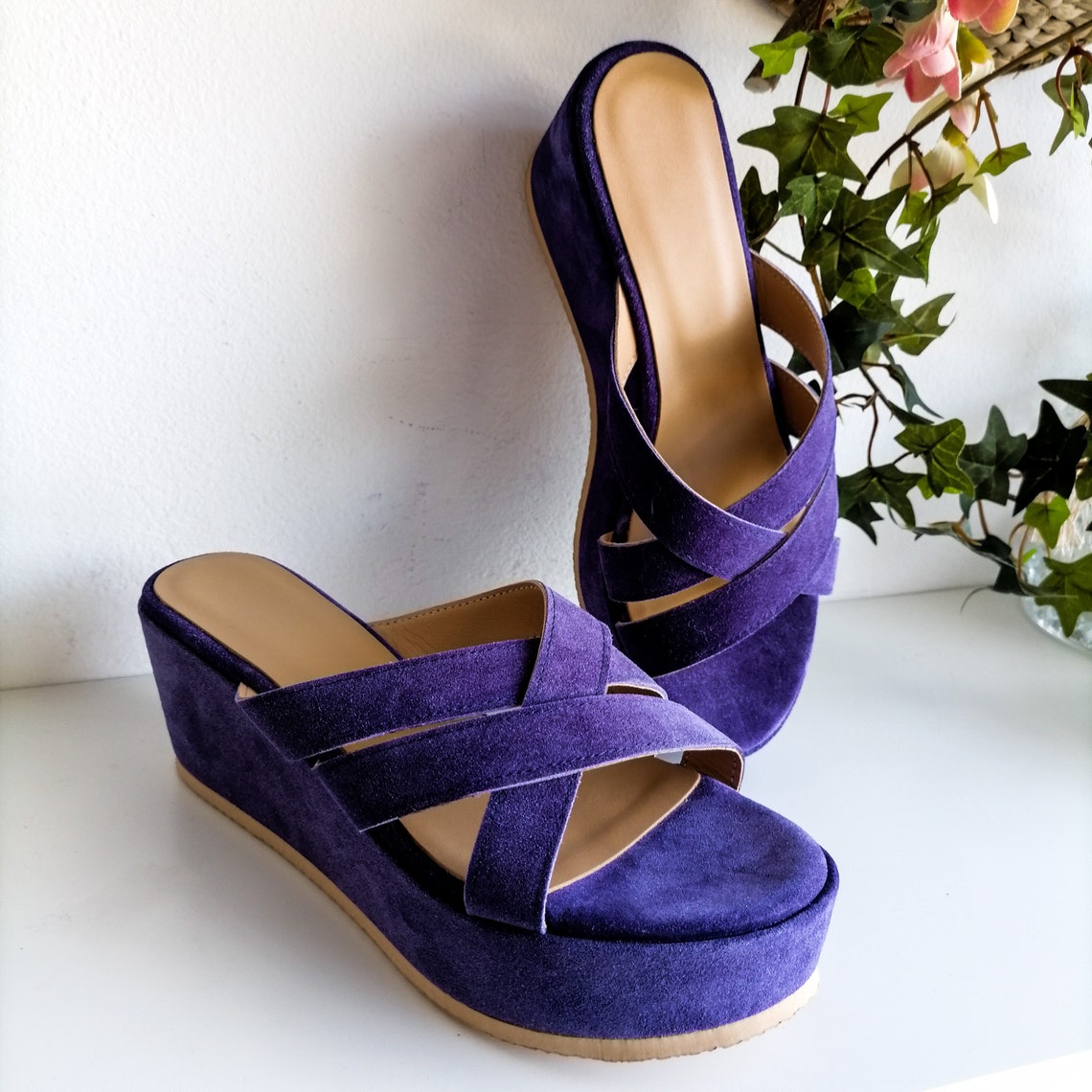 Ladies Leather Wedges Purple Suede Platform Shoes Greek | Etsy