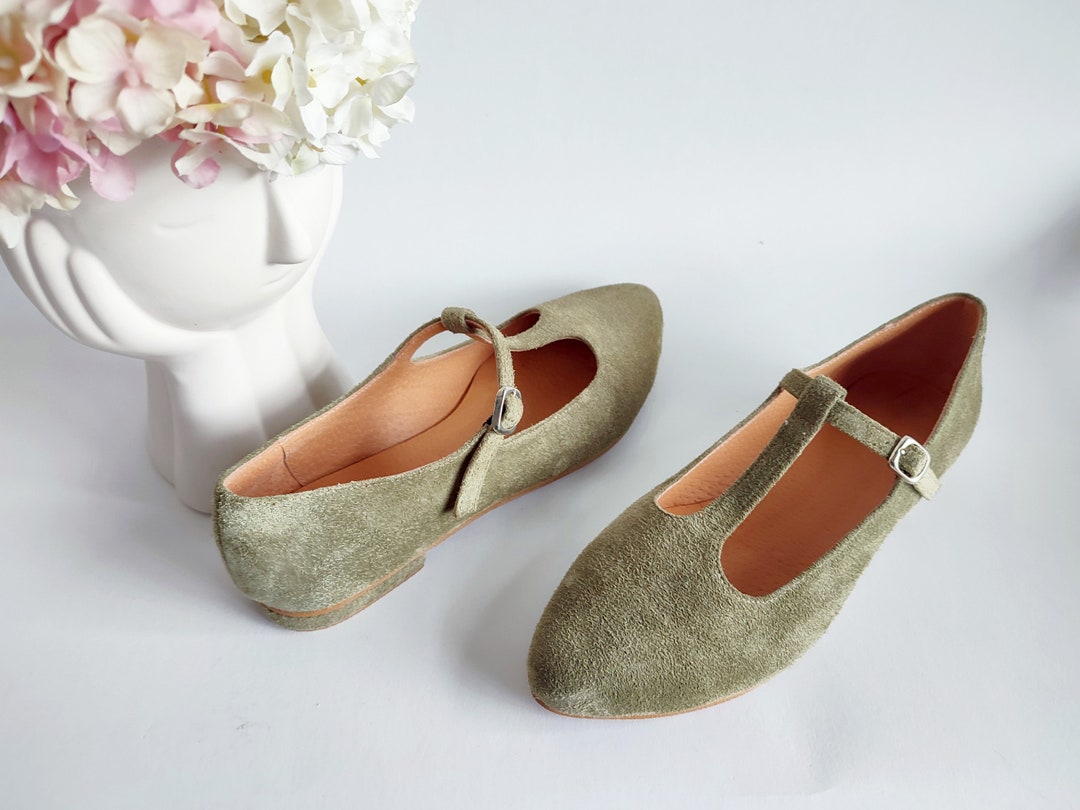 Sage Green Suede Ballet Pumps With Front T-strap Closure Low - Etsy