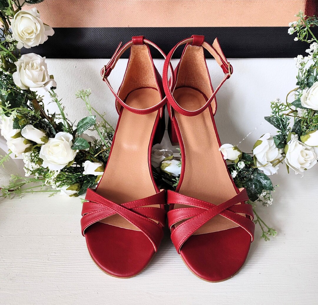 Statement Strappy Front Block Heeled Sandals in Red Leather, Chunky ...