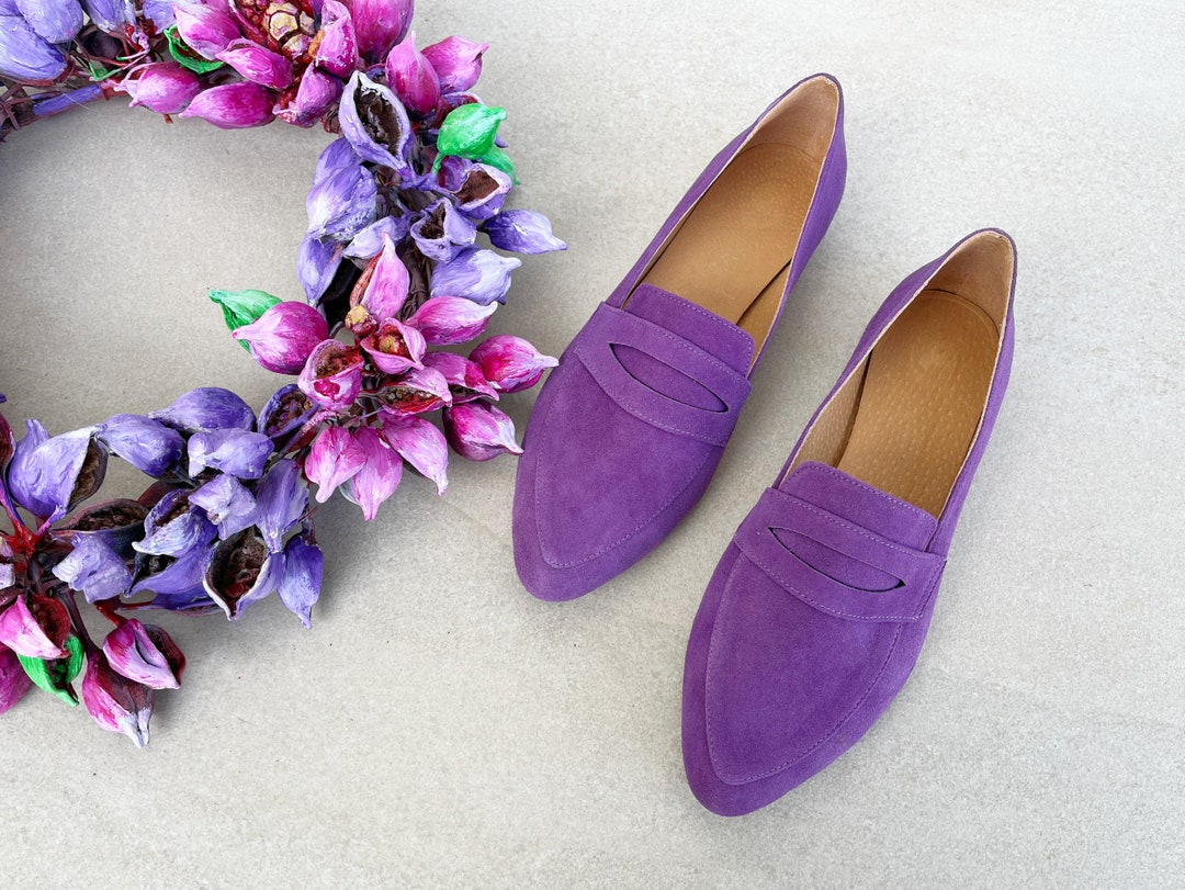 Women Purple Suede Loafers, Leather Slip-ons, Classic Pointed Toe ...