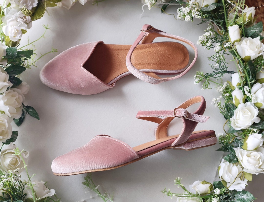Velvet Shoes, Special Occasion Blush Pink Low Heels, Dusty Rose Ankle ...