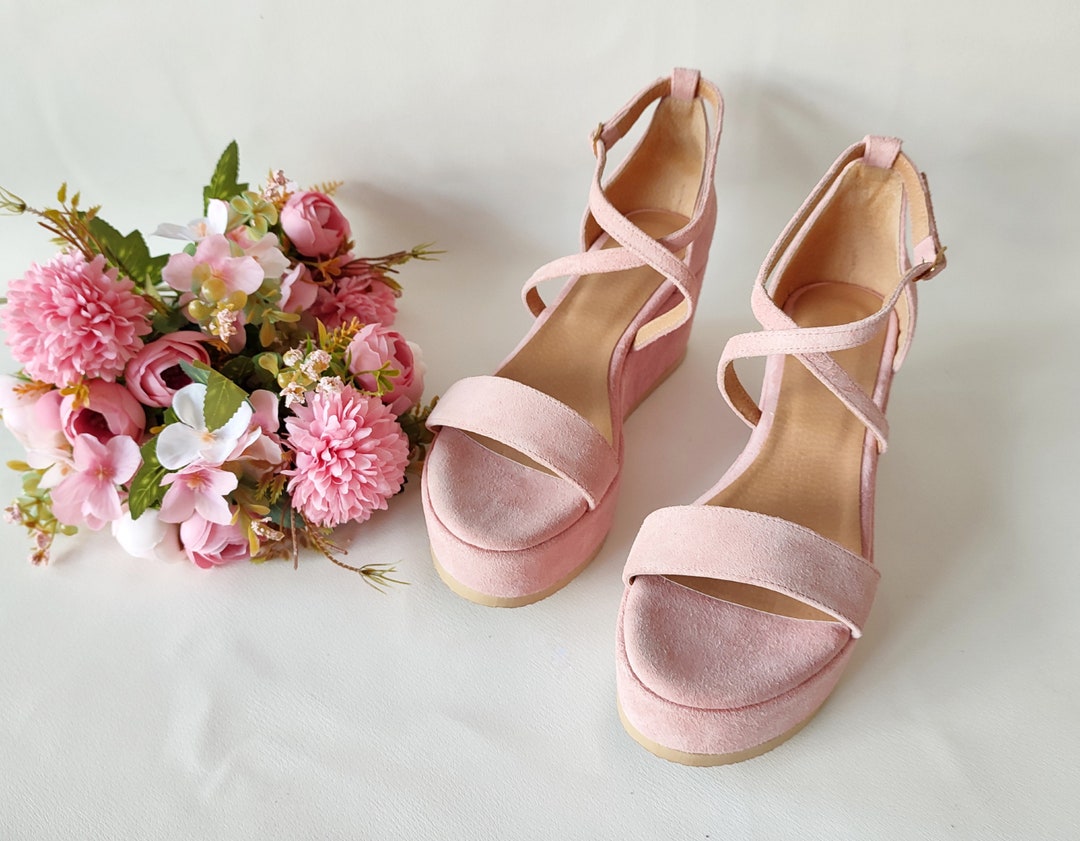Wedding Wedges for Bride, Baby Pink Suede Leather Platforms, Dress ...