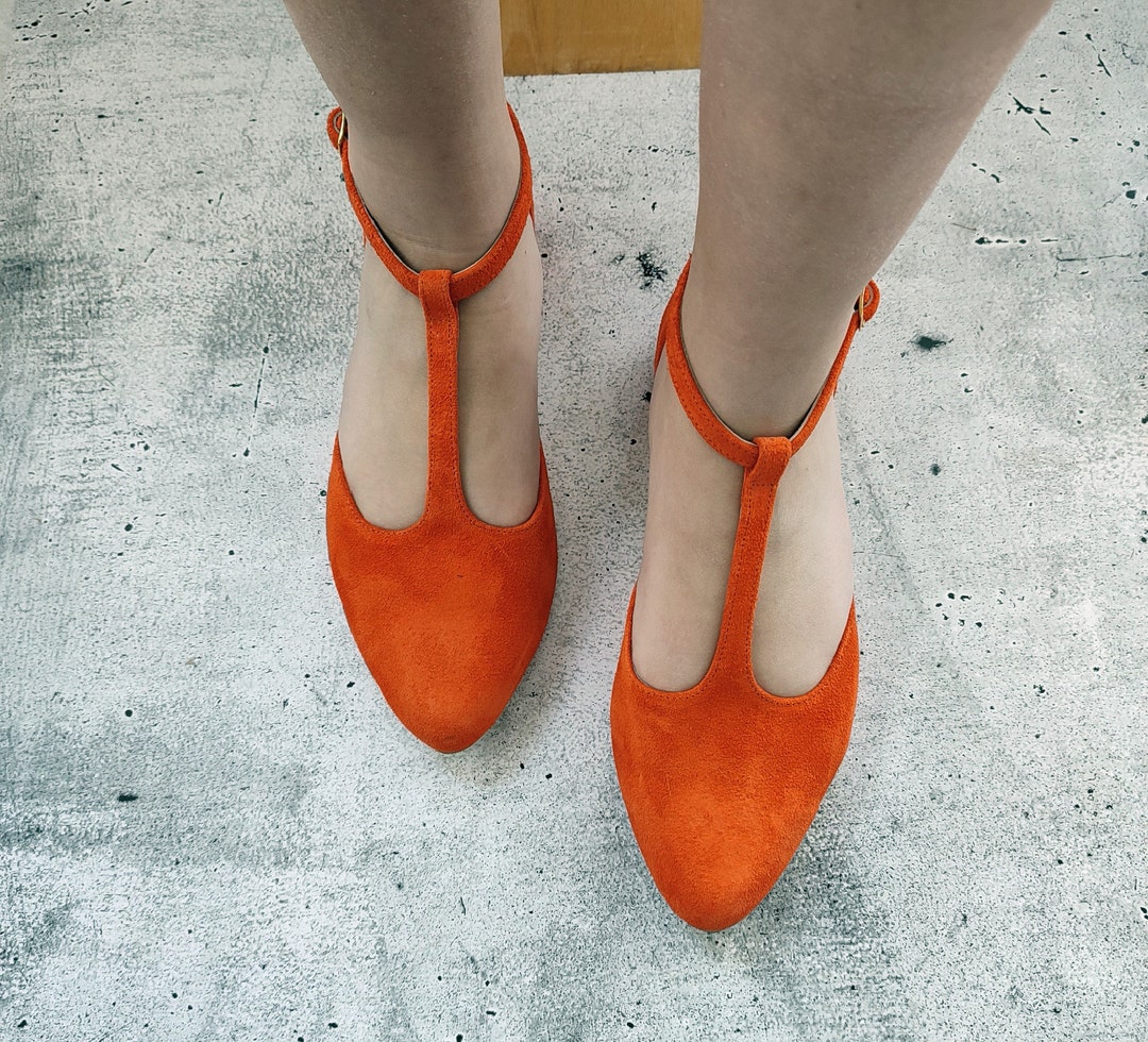 Women's Closed-toe Sandals, Orange Leather Pumps, Dancing Shoes, Rustic ...