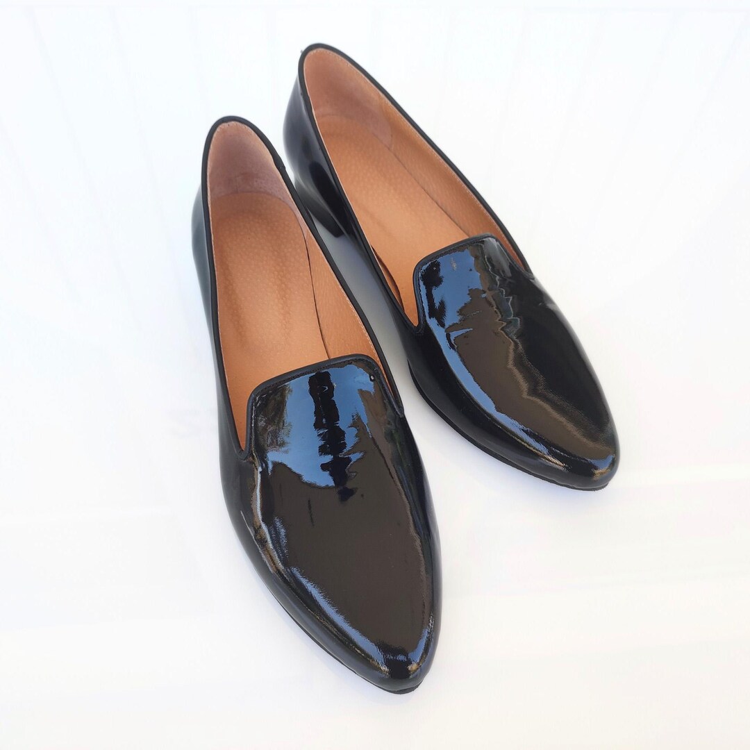 Glossy Black Leather Pointy Toe Women's Loafers, Low Heel Chic ...