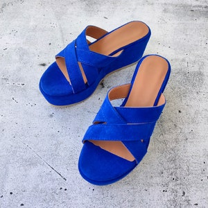 Strappy Fashion Heels, Royal Blue Suede Platform Shoes, Comfortable and ...