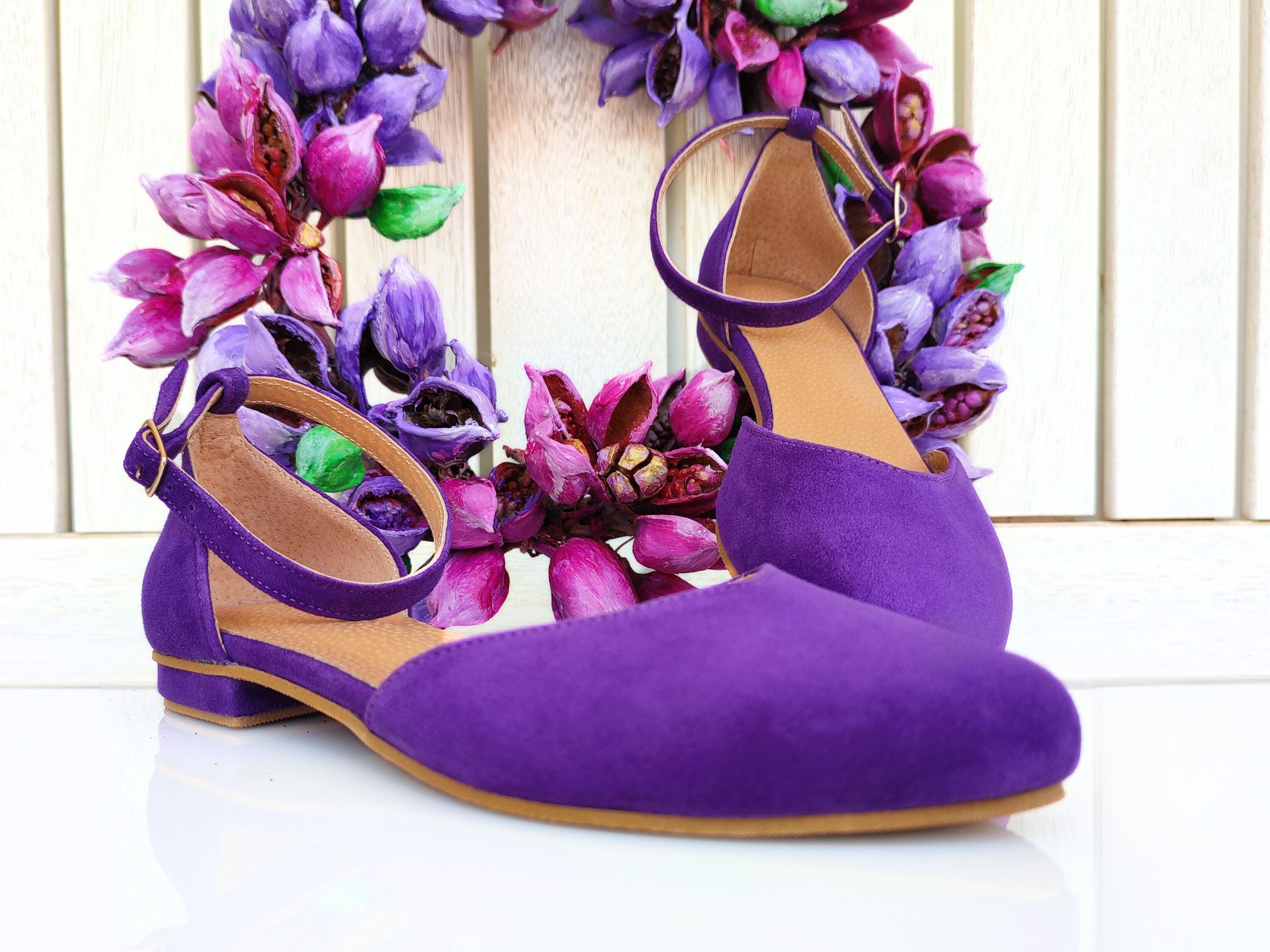 Special Event Ankle Strap Ballet Shoes in Purple Suede Leather, Women's ...