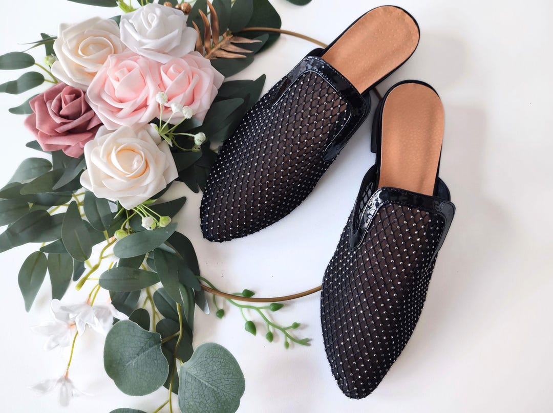 Breathable Sparkly Mesh Low-heeled Mules, Pointy Black Luxurious Women ...