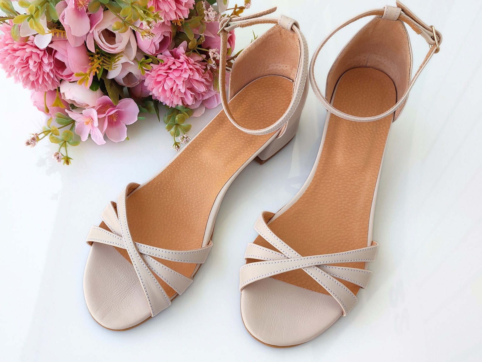 Short-heeled Beige Leather Bridal Shoes, 3cm Block Heel Sandals for ...