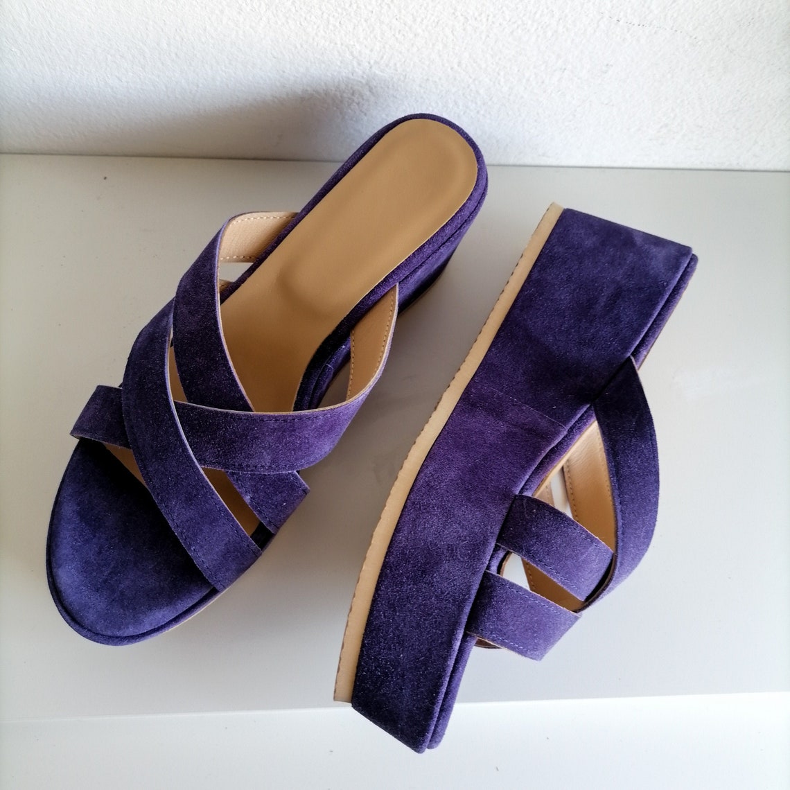 Ladies Leather Wedges Purple Suede Platform Shoes Greek | Etsy