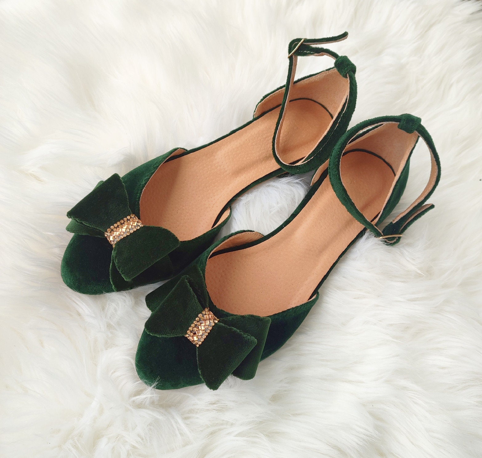 Wedding Gown Shoes With Bow, Dark Green Velvet Ballet Flats, Pointy-toe ...