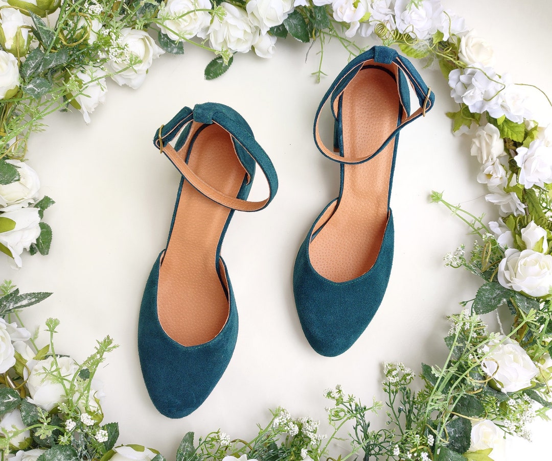 Emerald Wedding Gown Shoes, Suede Leather Medium Block Comfy Heeled ...