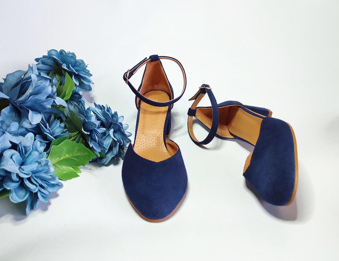 V-cut Pointed Toe Blue Evening Heels, Dark Blue Suede Ankle Strap Pumps ...