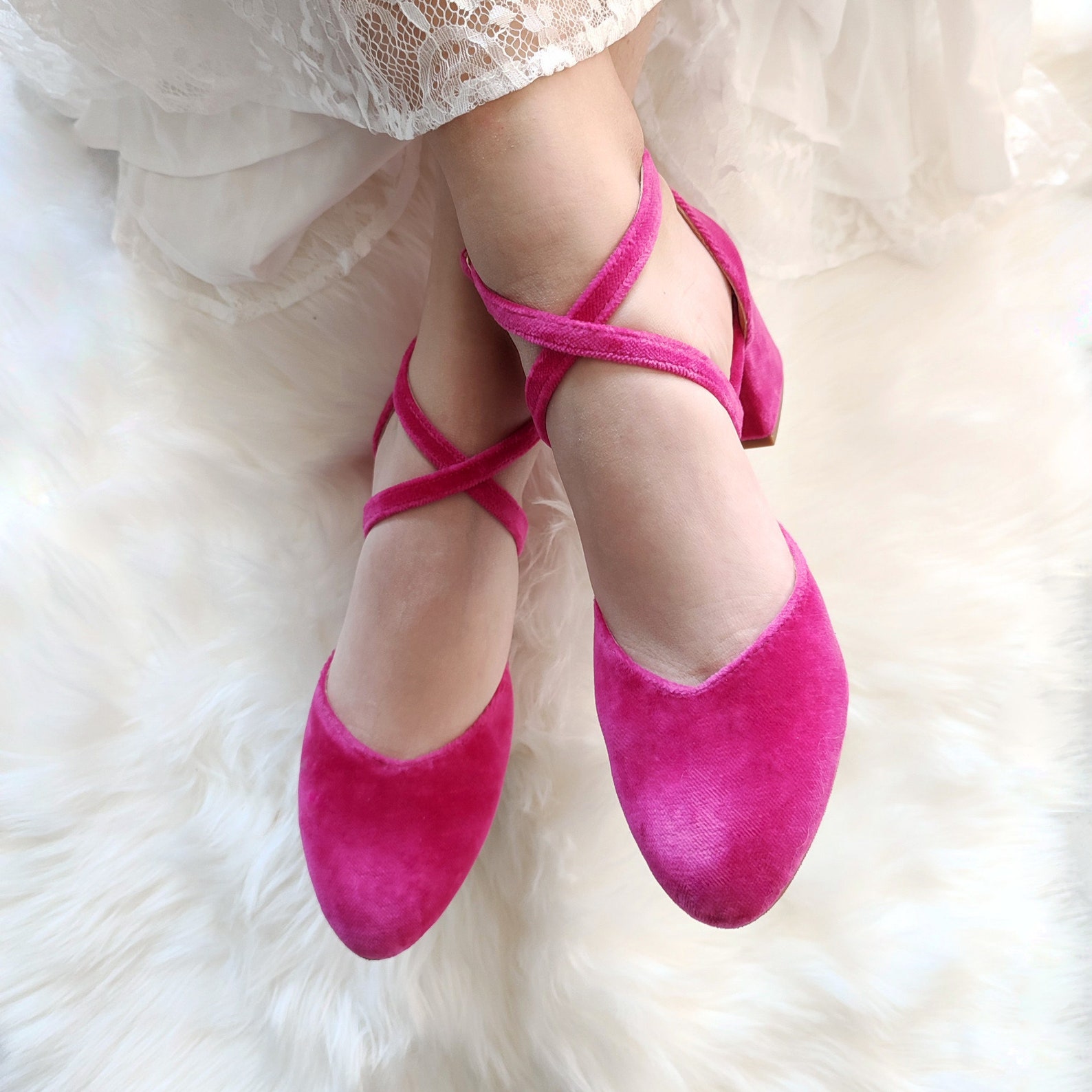 Bride's Magenta Velvet Heels, Women's Hot Pink Block Pumps, Cross Front ...