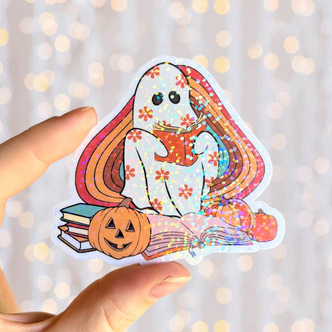 Ghost Reading Sticker | Retro Spooky Book Sticker | Holographic ...