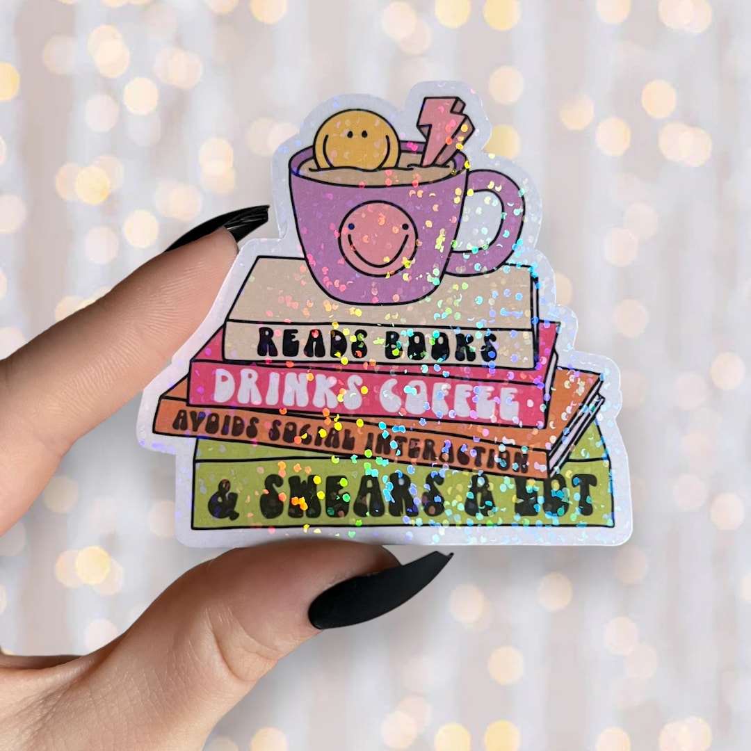 Book Sticker | Holographic Books and Coffee Funny Sticker | Waterproof ...
