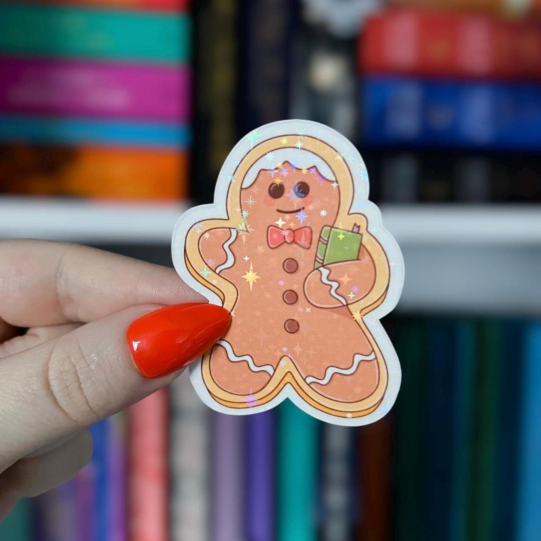 Bookish Christmas Gingerbread Cookie Sticker | Cozy Holiday Holographic ...