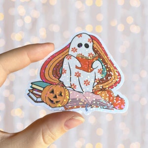 Ghost Reading Sticker | Retro Spooky Book Sticker | Holographic ...