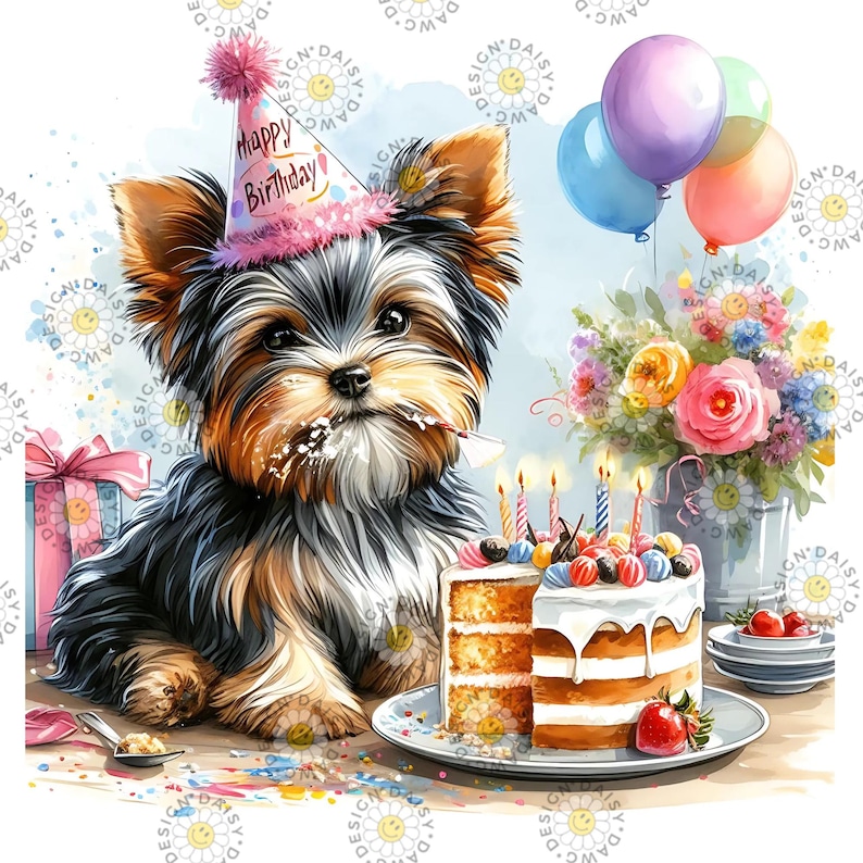 Birthday Yorkie Watercolor Clipart: Dog Art (digital Download) - Etsy