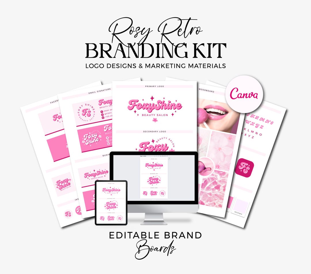 DIY Pink Branding Kit, Retro Logo Designs, Editable Canva Logo Template ...