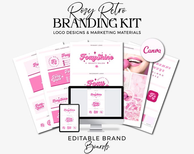 DIY Pink Branding Kit, Retro Logo Designs, Editable Canva Logo Template ...