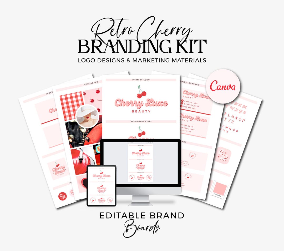 DIY Cherry Branding Kit, Retro Logo Designs, Editable Canva Logo ...