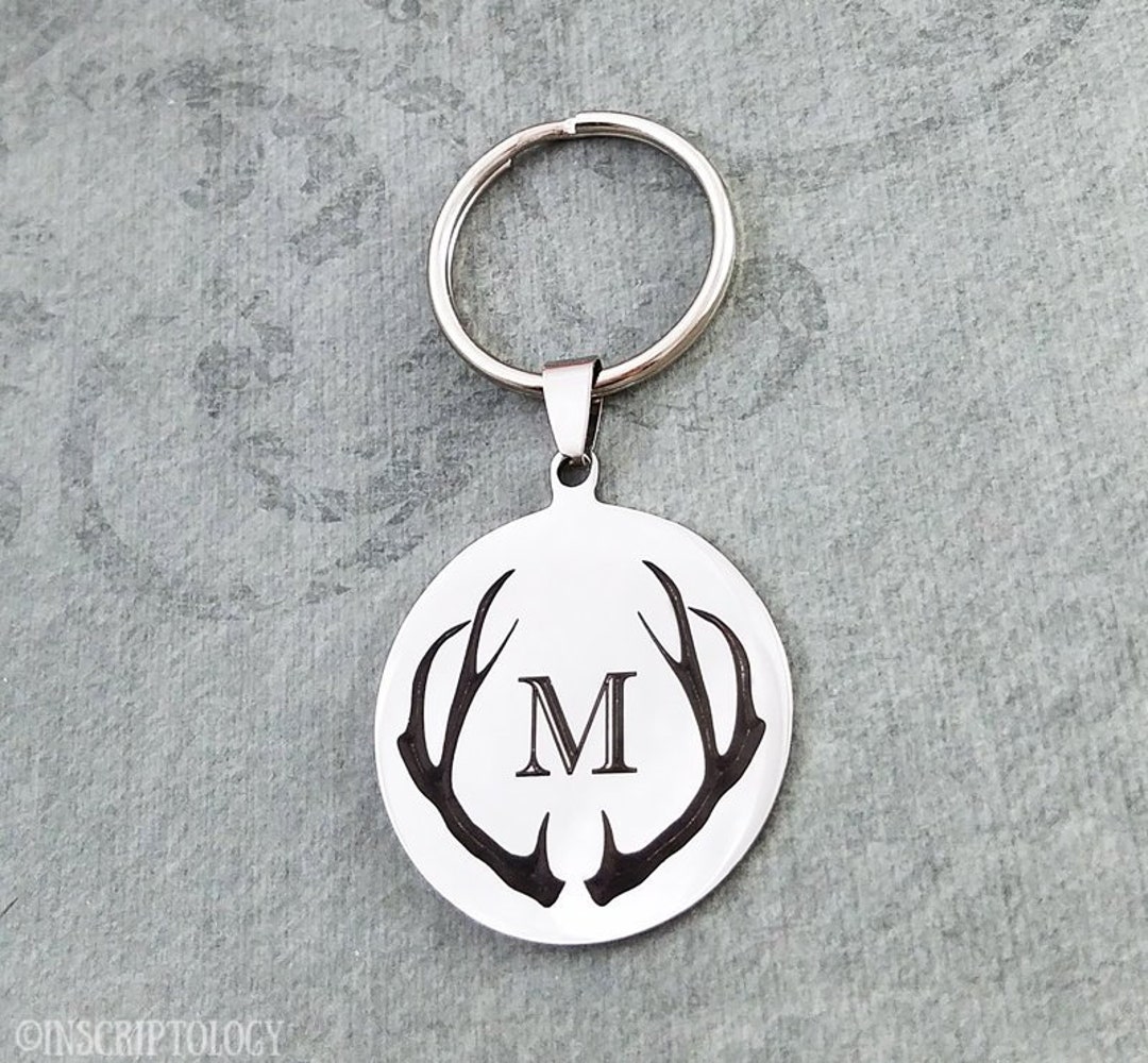 Deer Antlers Keychain Initial Keychain STAINLESS STEEL Engraved ...