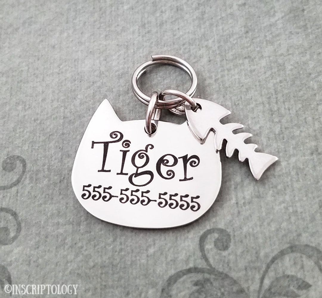 Engraved Cat Tag Fishbones Cat Tag STAINLESS STEEL ID Tag Personalized ...
