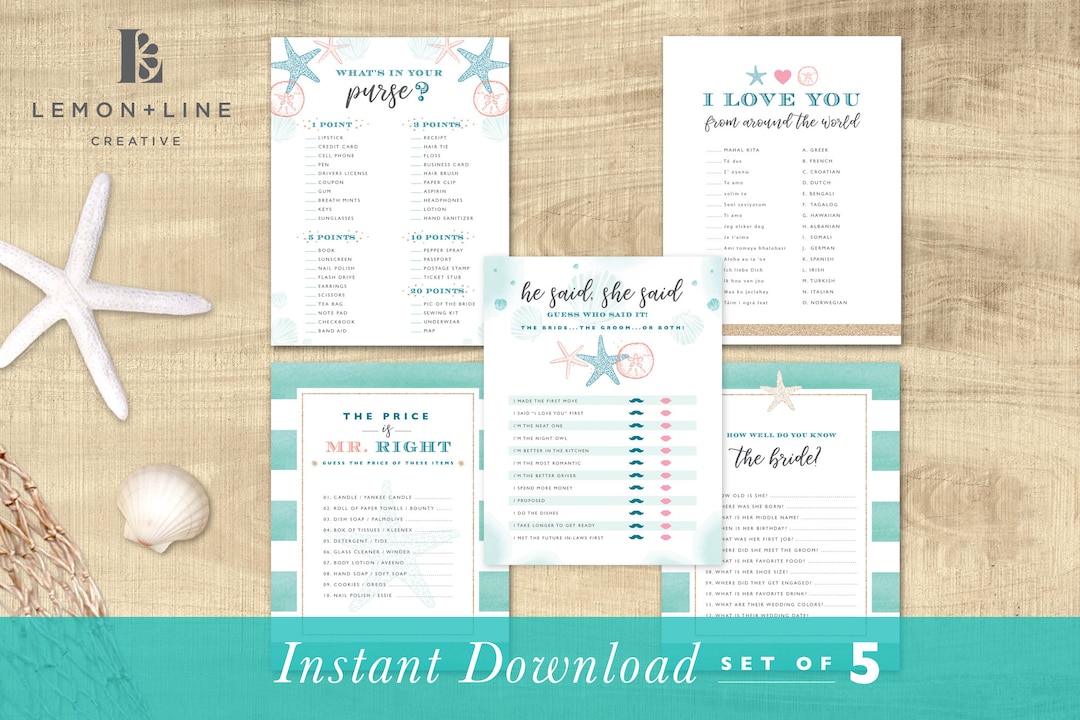 Beach Bridal Shower Games, Beach Theme Games Bundle, Nautical Shower ...