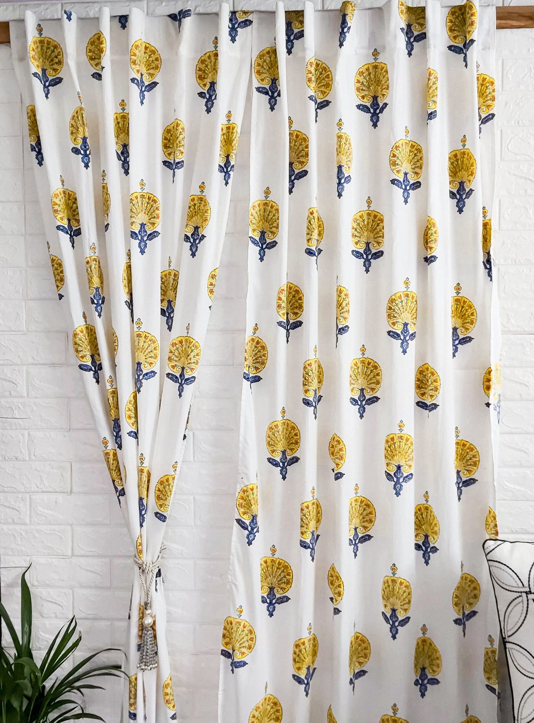Block Print Curtains/ Bohemian Curtains/ White Curtains/ Boho Curtains ...