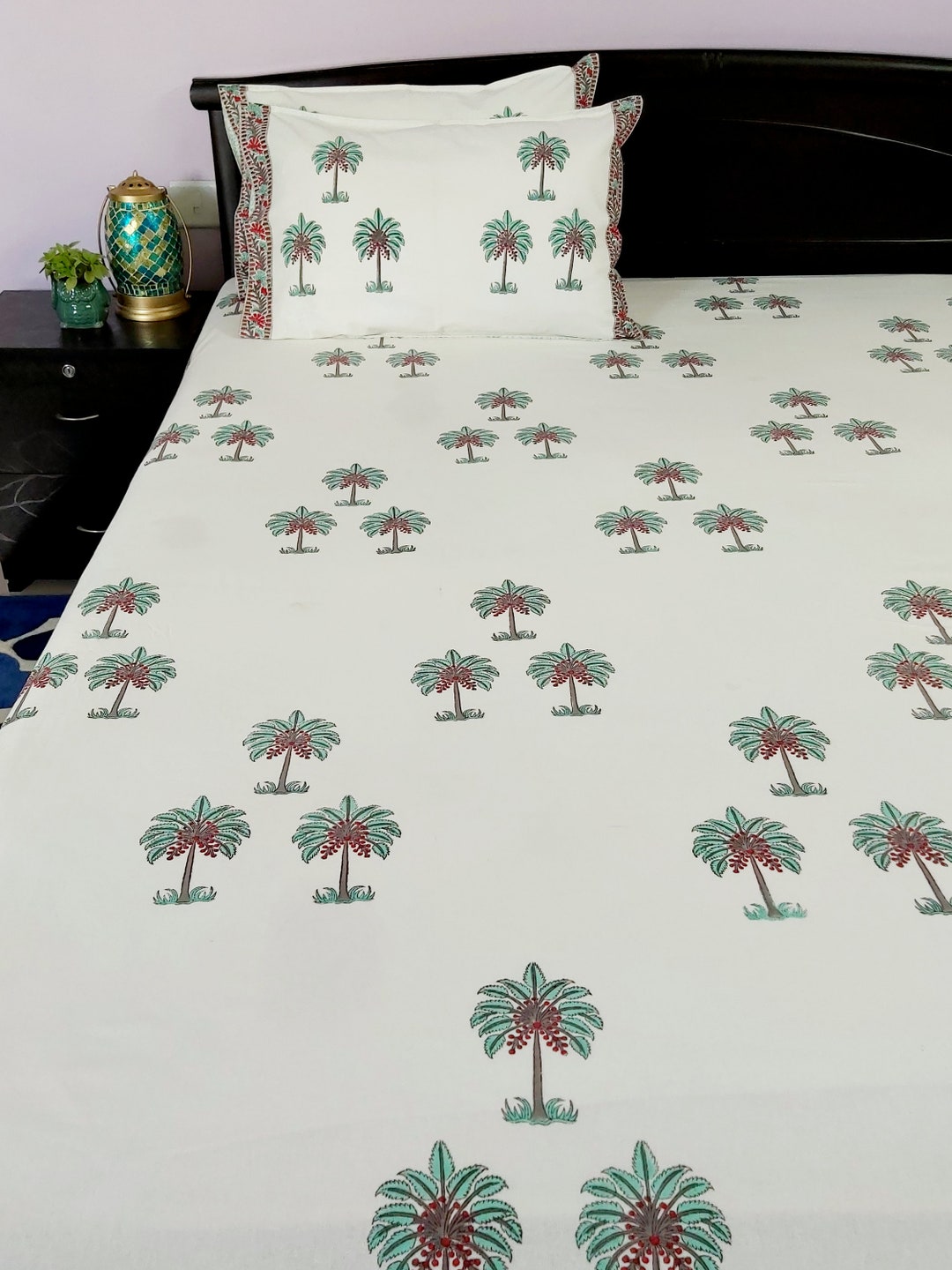 Palm Tree Block Printed Cotton Bed Sheet With Pillowcases - Etsy
