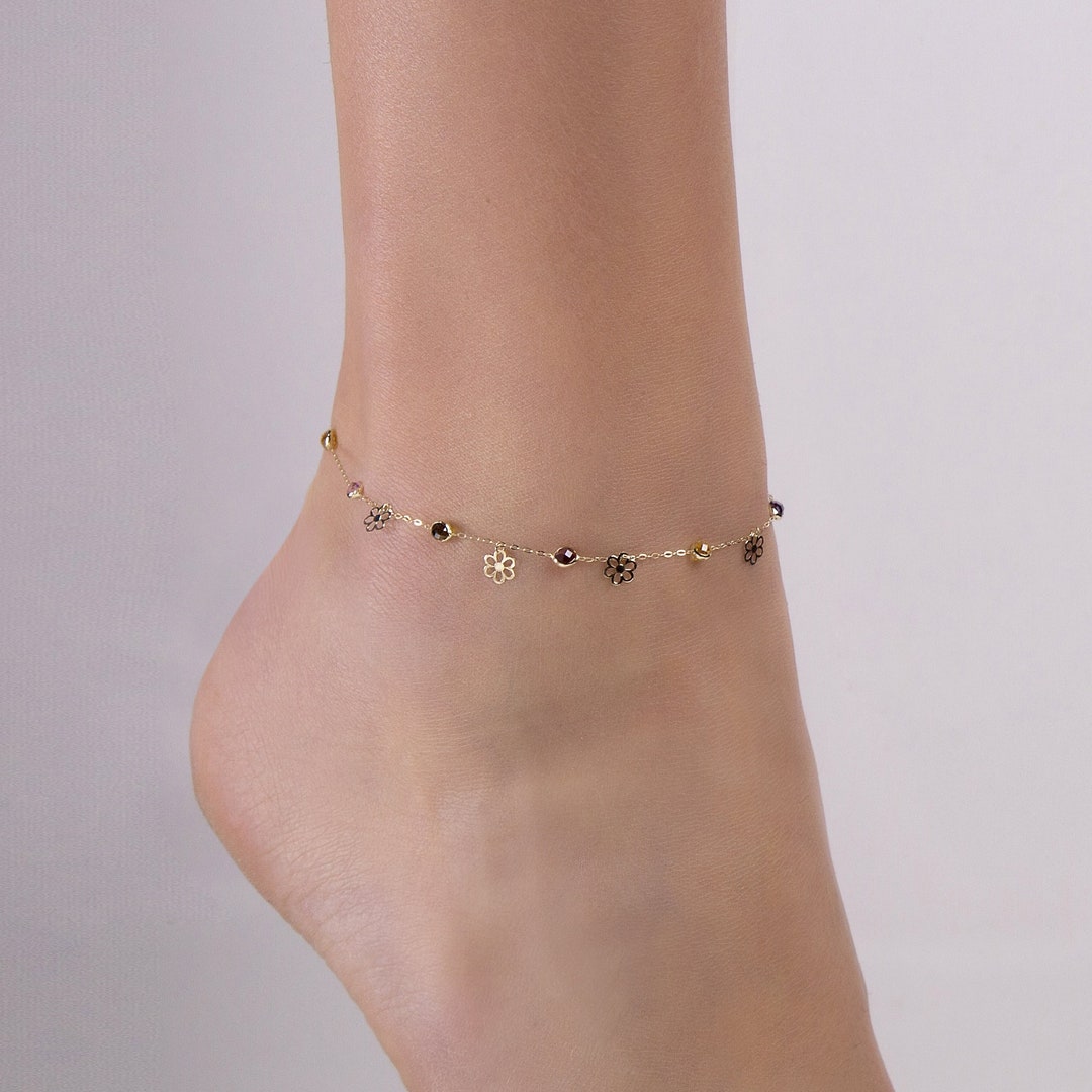 14K Real Gold Floral Anklet for Women, Handmade Leg Anklet, Zircon ...