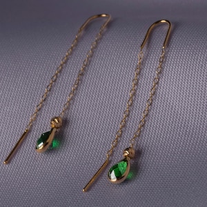 14k Solid Gold Emerald Drop Earrings, 14k Gold Threader Earrings, Gifts for Mom, Long Chain Drop ...