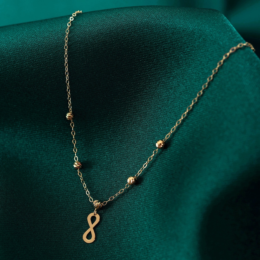 14k Solid Gold Infinity Necklace, Infinity Beaded Satellite Necklace ...