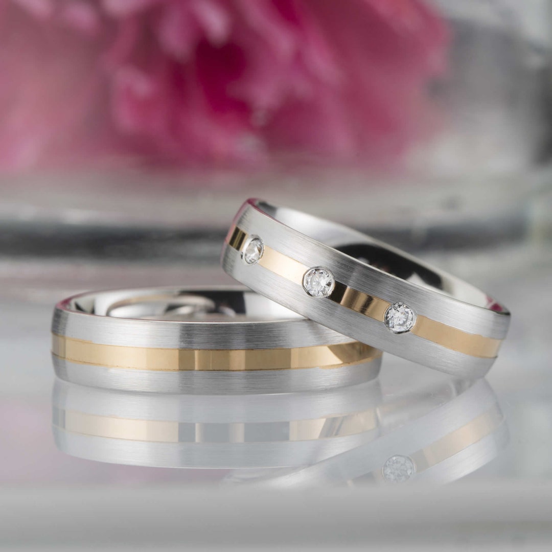 Wedding Ring Set 14k Gold, 0,09CT Trio Diamond Band, Gold Wedding Band ...