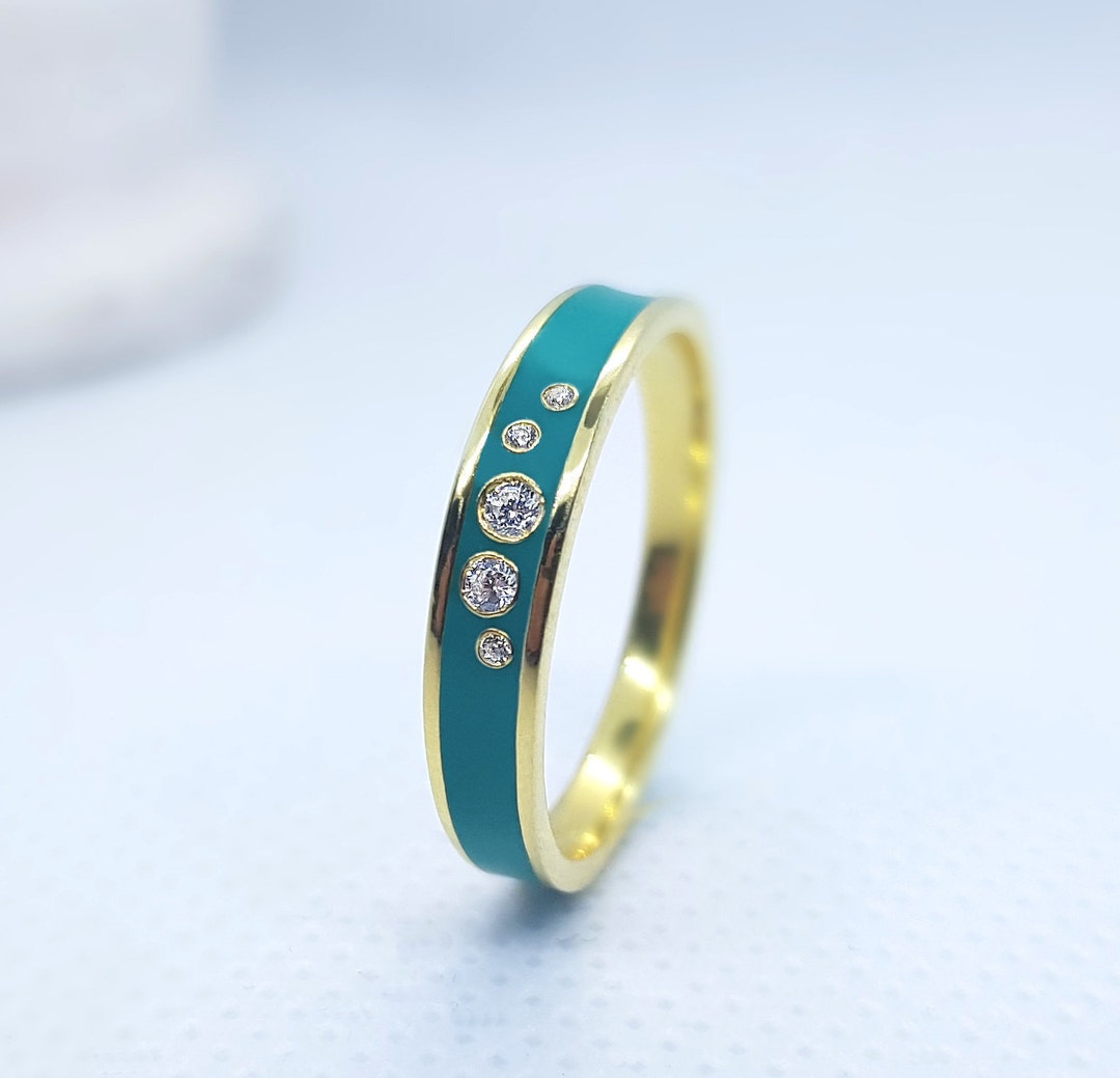 14k Solid Gold Diamond Enamel Stacking Ring, Gold Ring for Women and ...