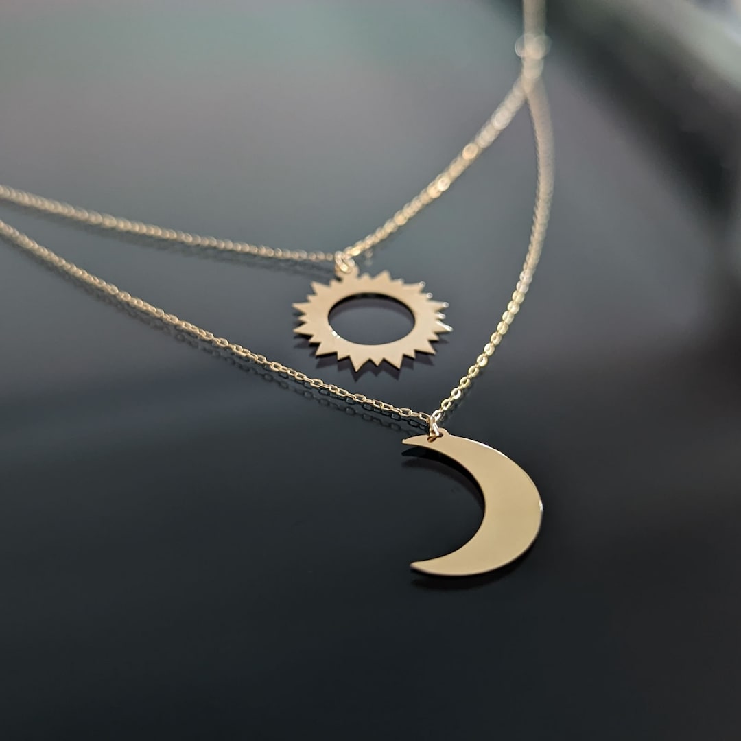 14k Solid Gold Moon and Sun Necklace for Women, Celestial Beauty, Mom ...