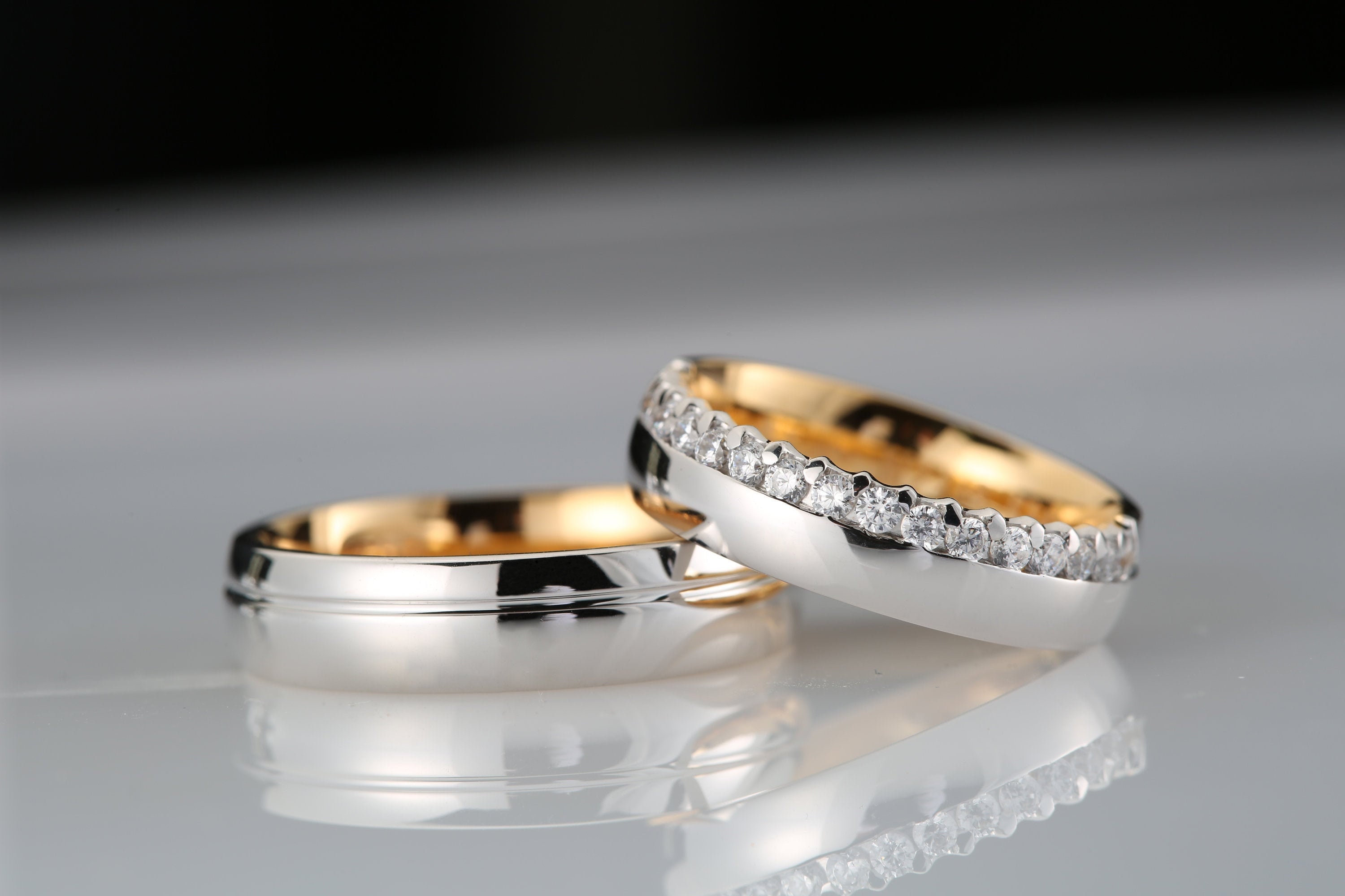 Silver Wedding Band Set, Couple Diamond Wedding Rings, Matching Ring ...