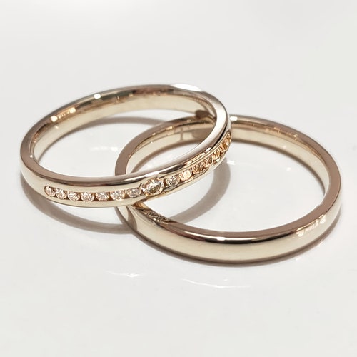 Couple Wedding Rings Set. Gold Wedding Bands With Diamonds. - Etsy