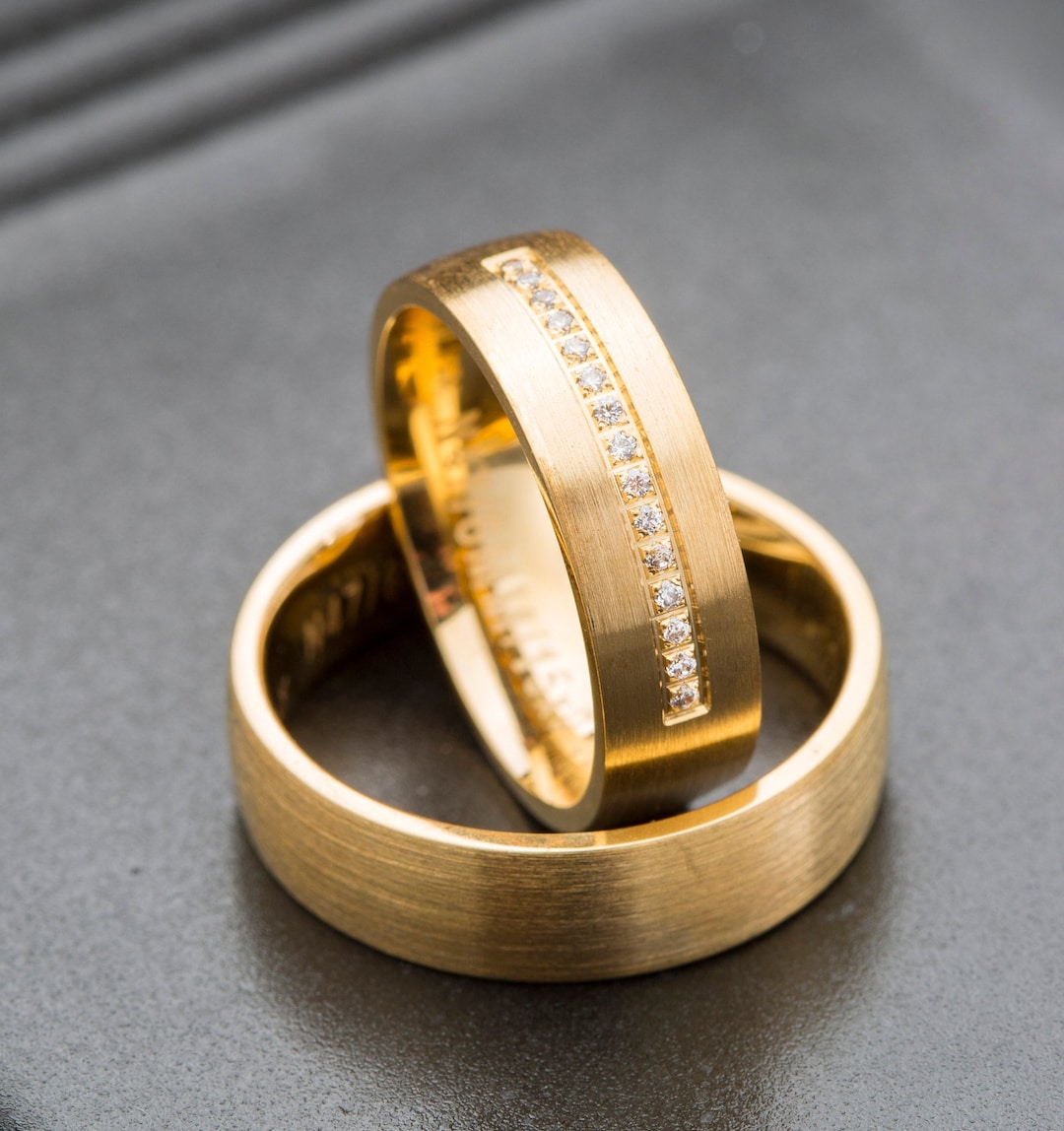 14k Gold Wedding Band Set, 0,08CT Diamond Bride and Groom Wedding Ring ...