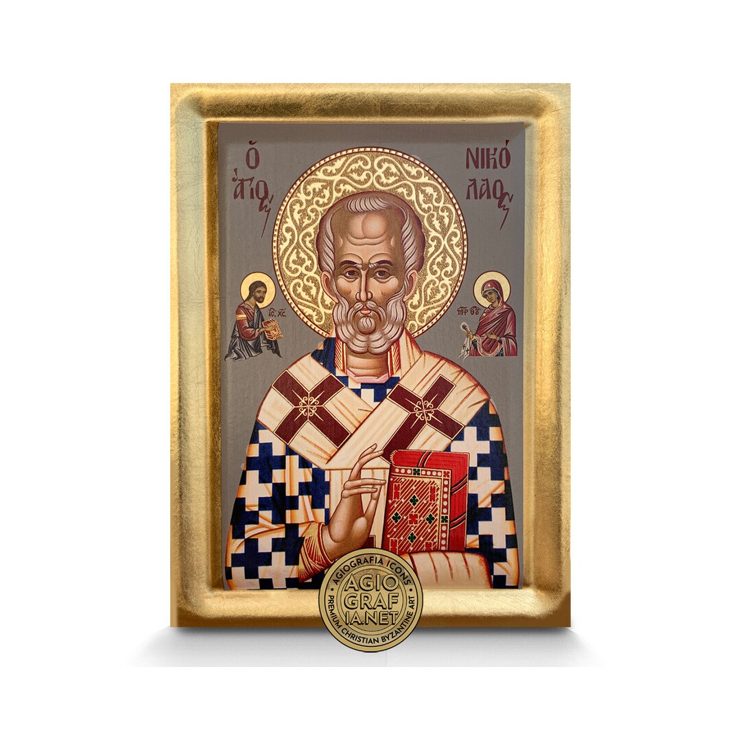 St Nicholas Byzantine Icon Handmade Recessed Panel & Gold Leaves Icon ...