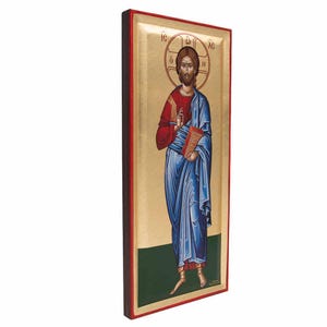 Jesus Christ Orthodox Icon - Handmade Raised Borders & Gold Leaves - Mounting Point and Stand ...